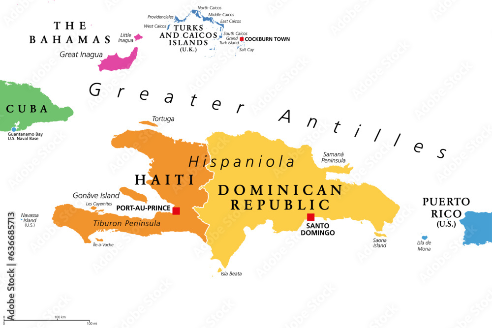 Hispaniola and surroundings, colored political map. Caribbean island ...