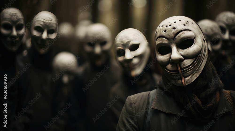 The concept of hidden emotions: a man in a mask smiles at a family ...
