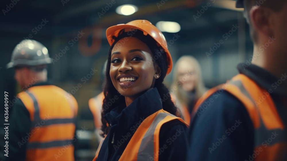 Smiling black female mechanical engineer talking to her colleagues ...