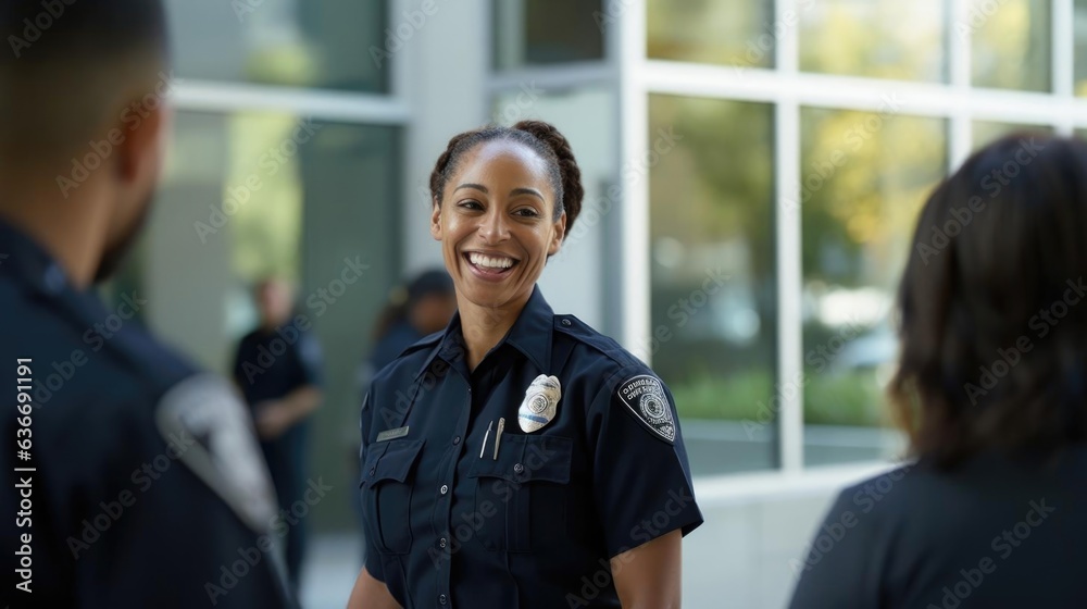Smiling Black Female Police Officer Talking To Her Colleagues Stock