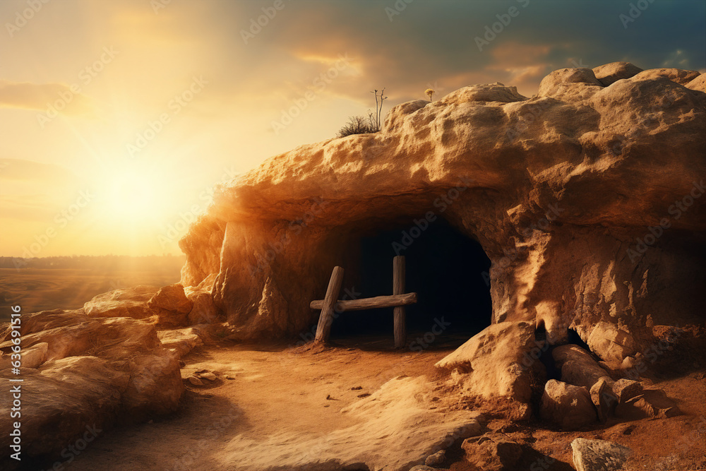 Generative AI picture of three crosses on high hill Jesus Christ cave ...
