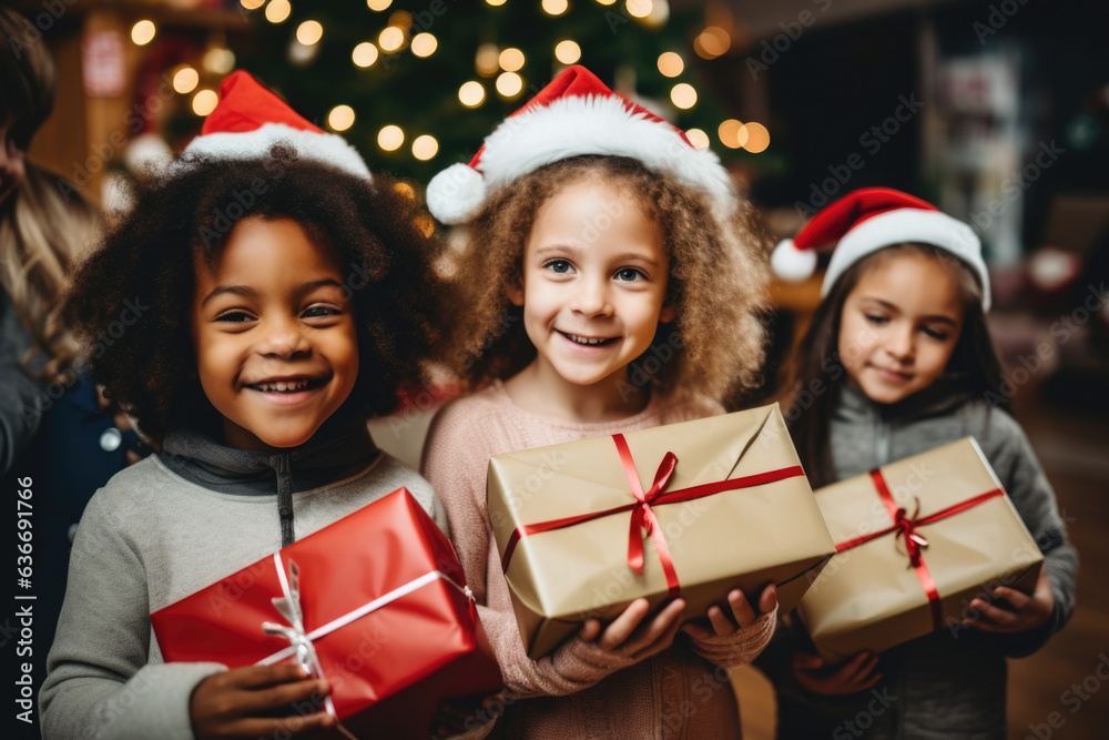 Group portrait of diverse kids girls wearing santa hats with gift boxes ...