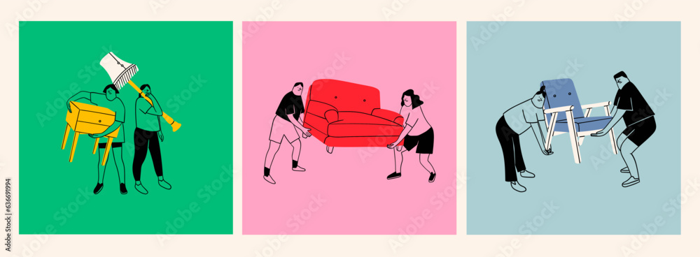 People with various furniture. Movers carrying couch, armchair, commode ...