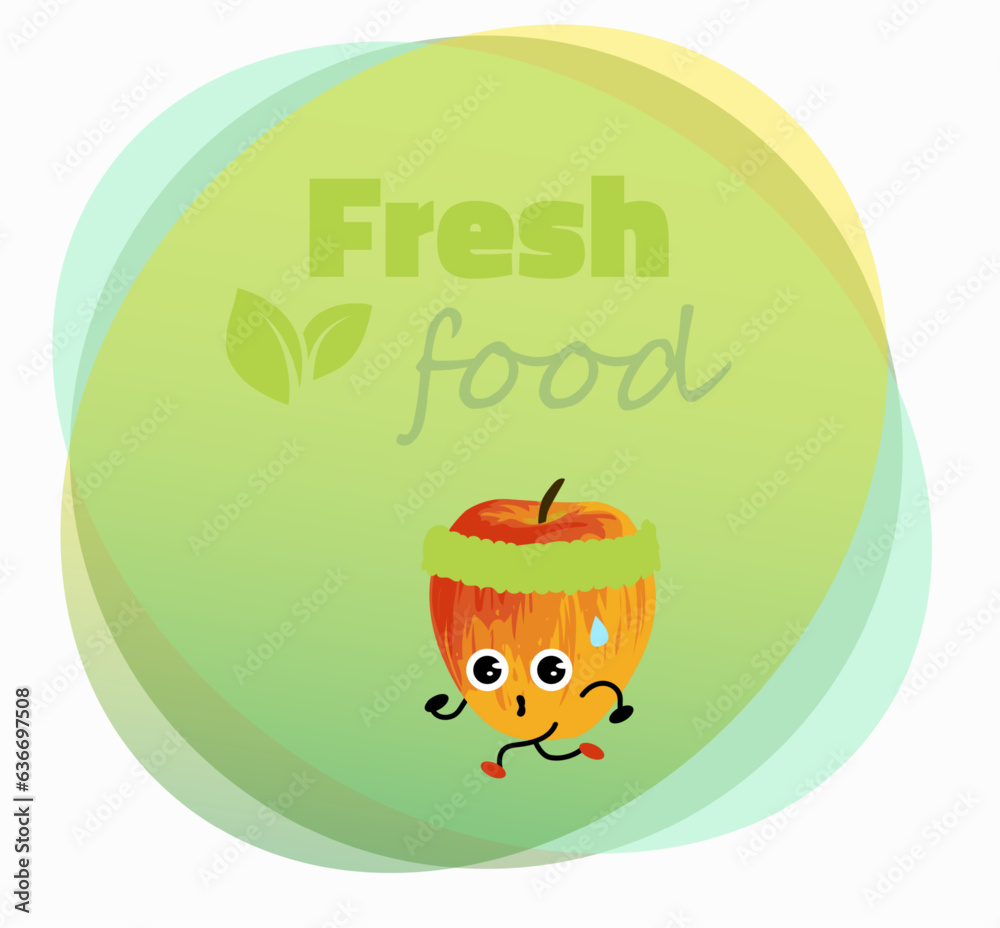 Apple characters. Organic fruit. Circle label. Cartoon food mascot with ...