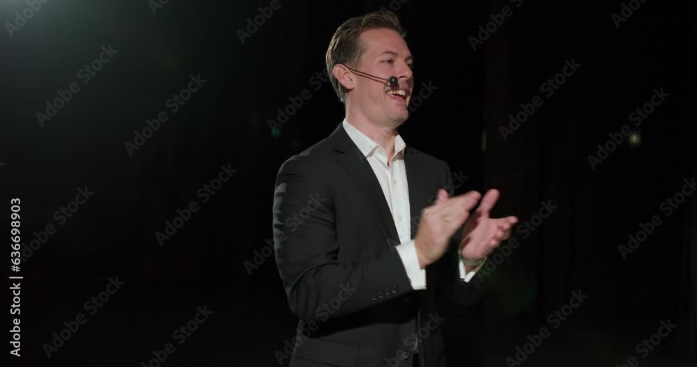 happy actor thanking audience for visiting theater, Slow motion ...
