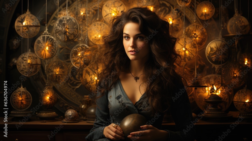Beautiful girl surrounded by a detailed astrological chart symbolizing ...