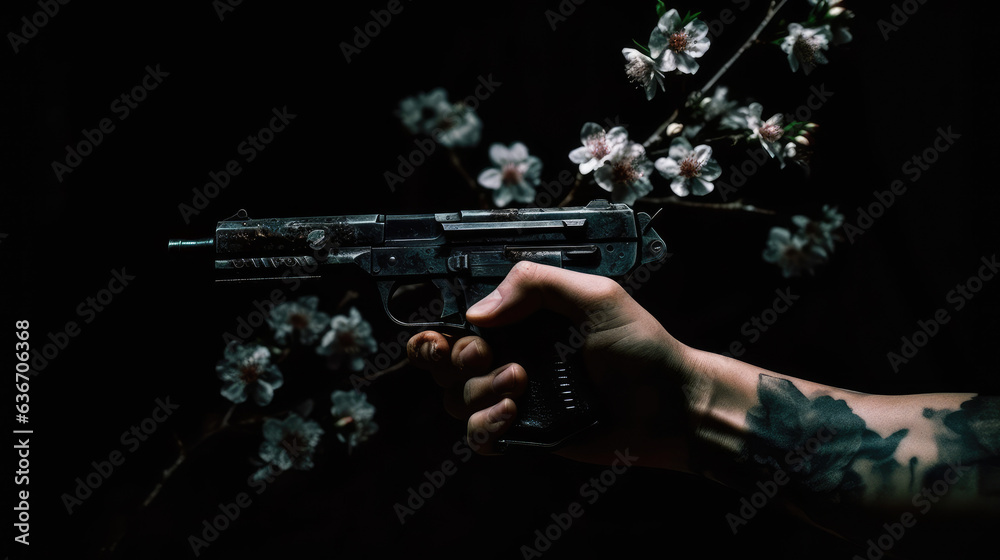 Hand with a gun and a branch of cherry blossoms on a black background ...