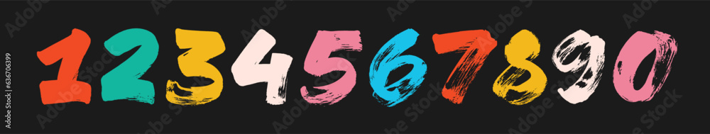 Bold brush drawn grunge numbers in bright colors. Dirty textured vector ...