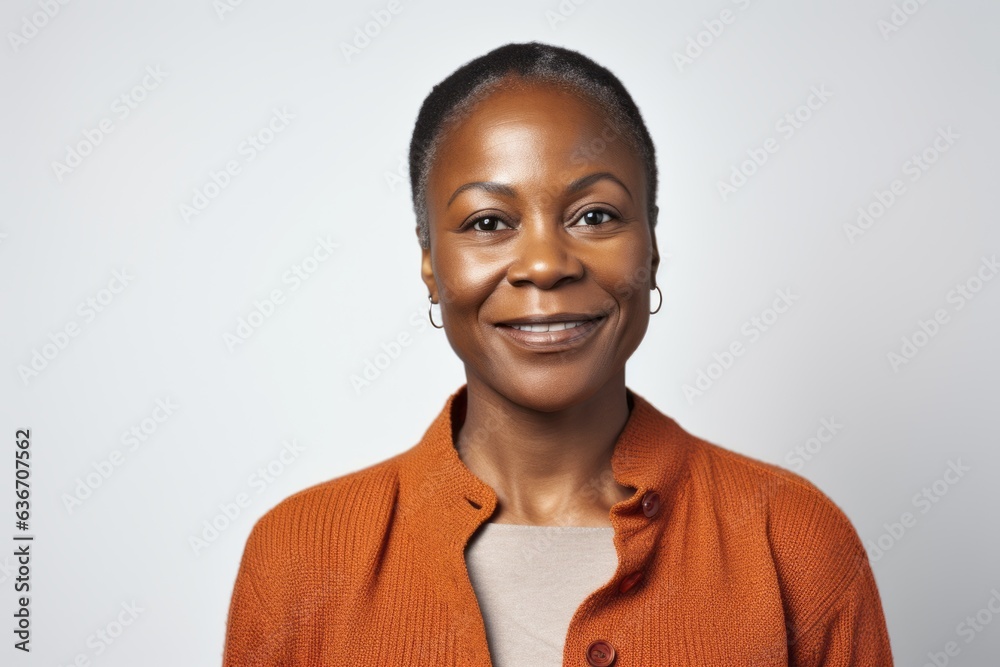Lifestyle portrait of a Nigerian woman in her 40s in a white background ...