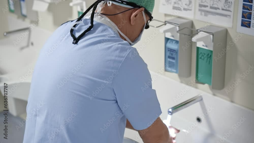 Elderly surgeon washes his hands before entering operating room ...