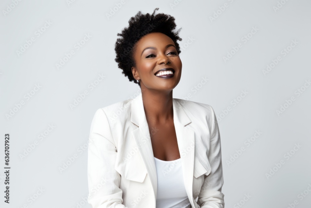 Lifestyle portrait of a Nigerian woman in her 50s in a white background ...