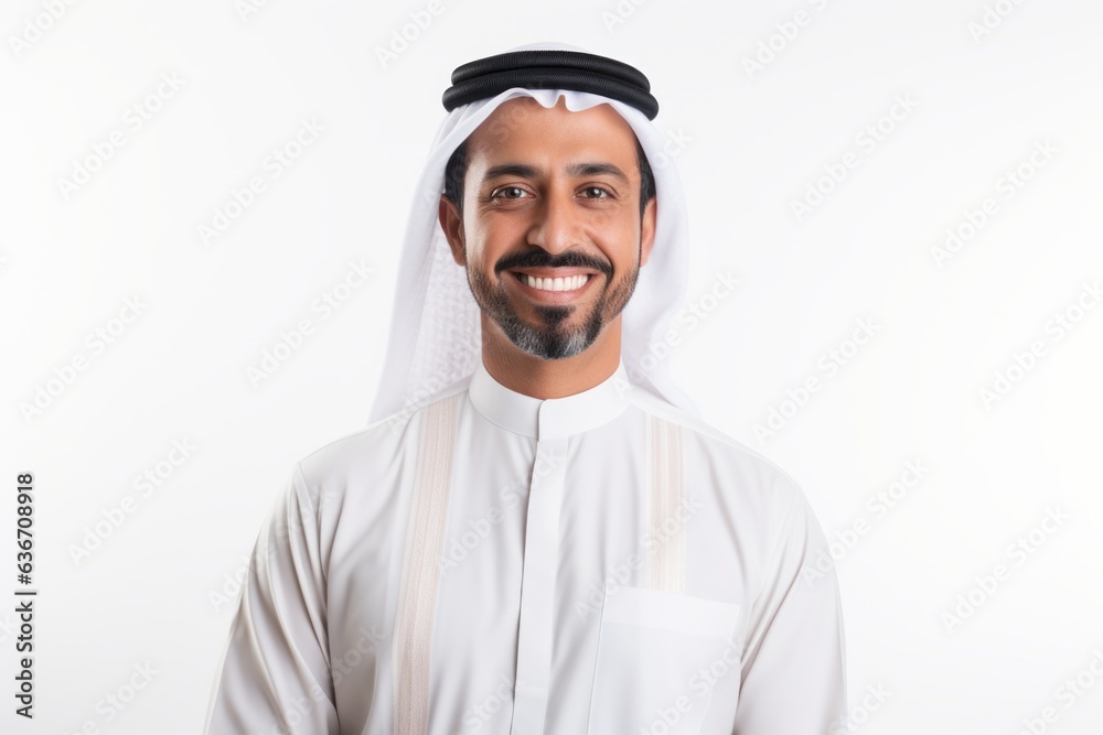Lifestyle portrait of a Saudi Arabian man in his 30s in a white ...