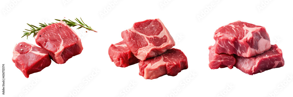 Fresh raw buffalo meat and beef steak isolated on a transparent ...