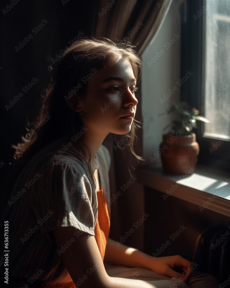 Beautiful and melancholy girl, sitting in a daze by the window at home ...