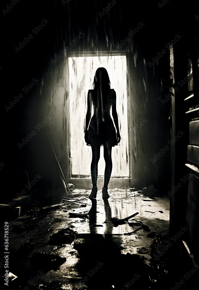 Lonely Girl stands in dark room, in-front of door light, dramatic light ...