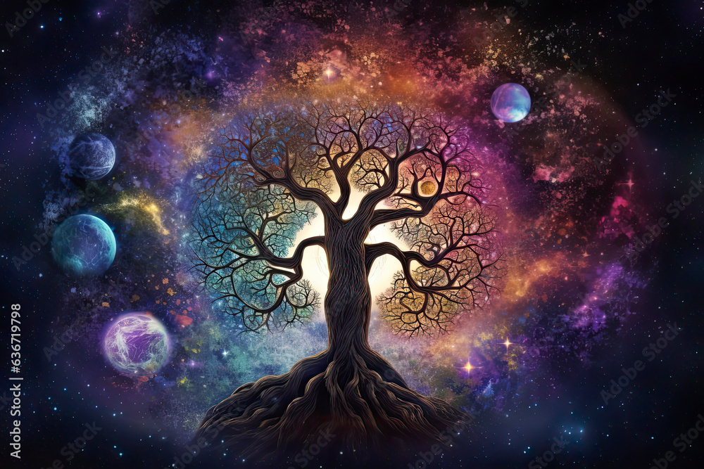 Multi-color brush lines forming a magical tree on black background.AI ...