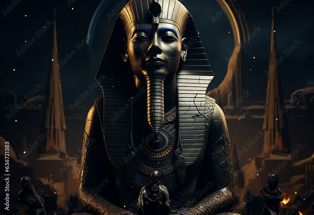 Egyptian pharaoh Sphinx statue in black marble at night in front of ...
