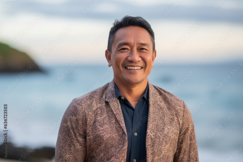 Group portrait of a Indonesian man in his 40s in a beach background ...
