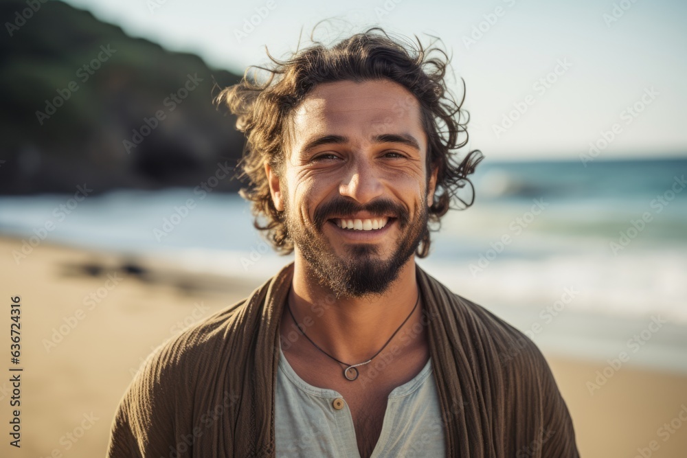 Group portrait of a Brazilian man in his 30s in a beach background ...