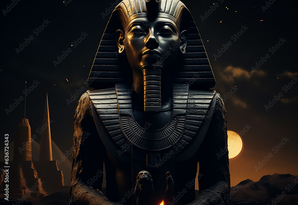 Egyptian pharaoh Sphinx statue in black marble at night in front of ...