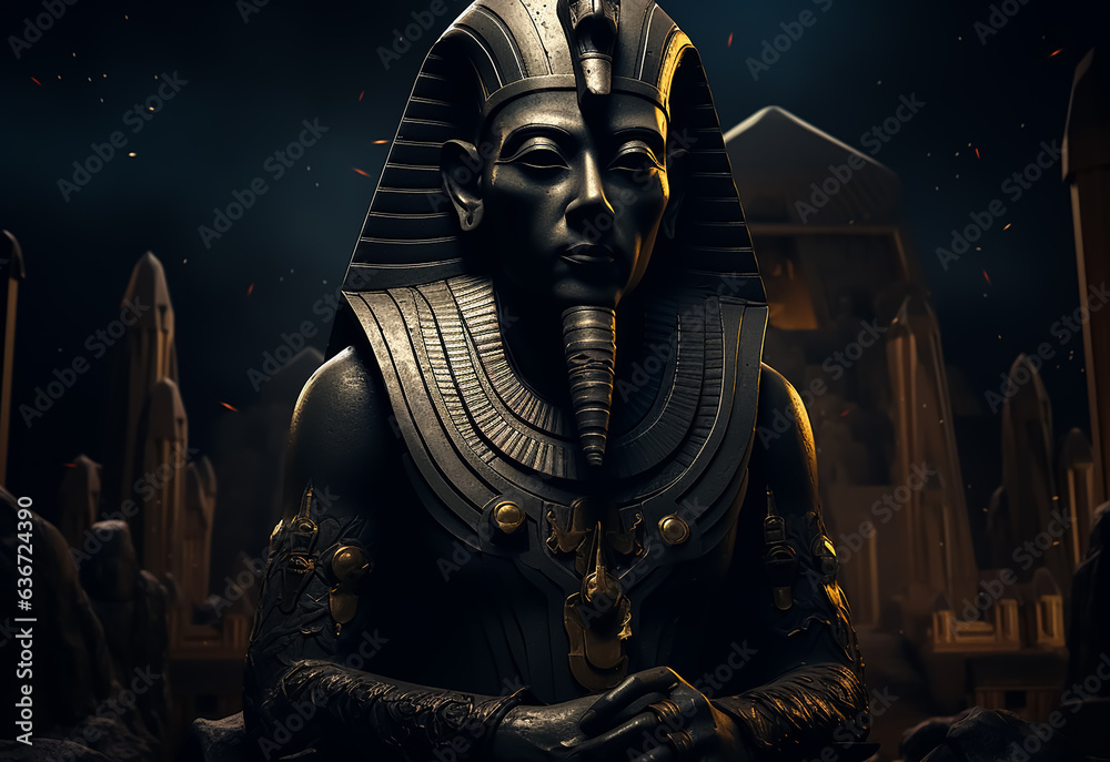 Egyptian pharaoh Sphinx statue in black marble at night in front of ...