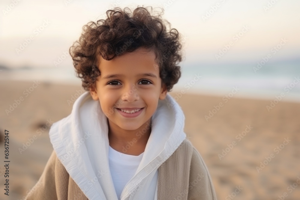 Medium shot portrait of a Saudi Arabian child male in a beach ...