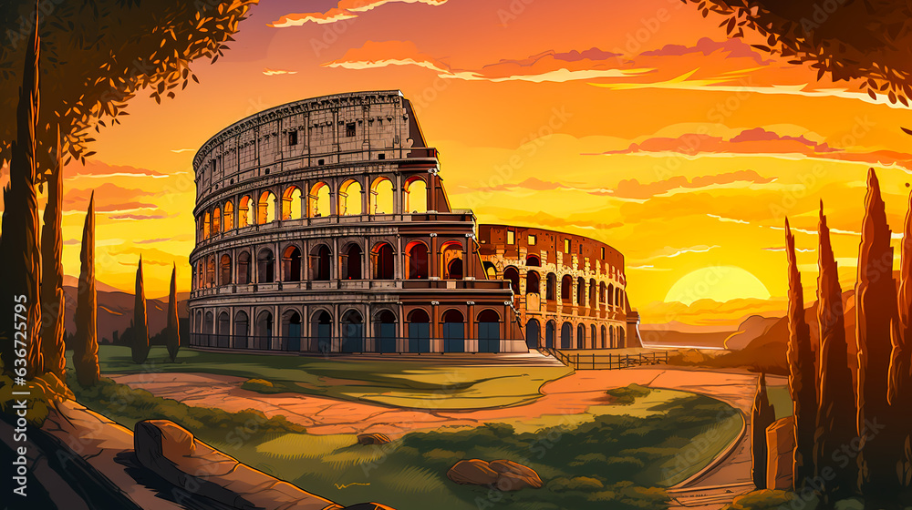 The Colosseum, Rome illustration landscape and sunrise or sunset ...