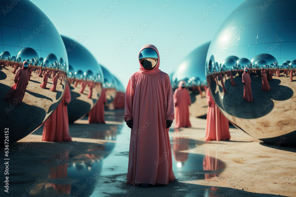 Member of a cult dressed in pink robe is standing among large silver ...