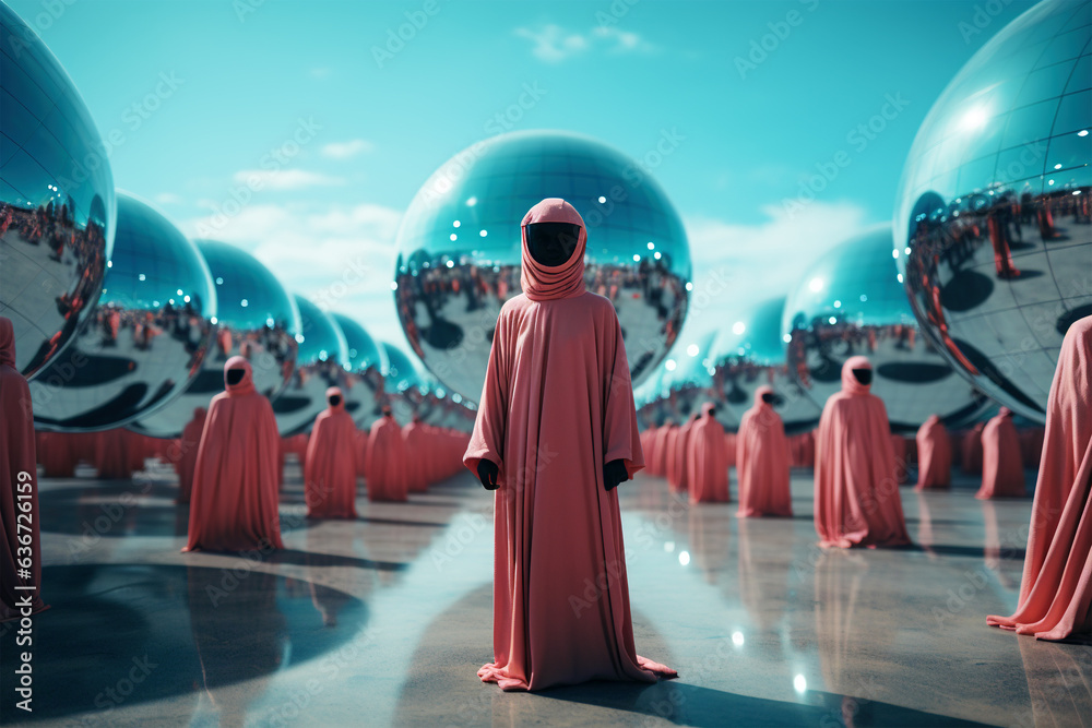 Members of a cult dressed in pink robes are standing among large silver ...