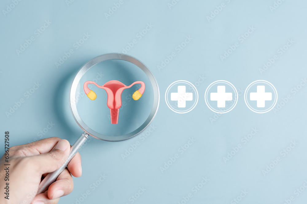 Checkup ovarian uterus reproductive system with plus sign in hospital ...