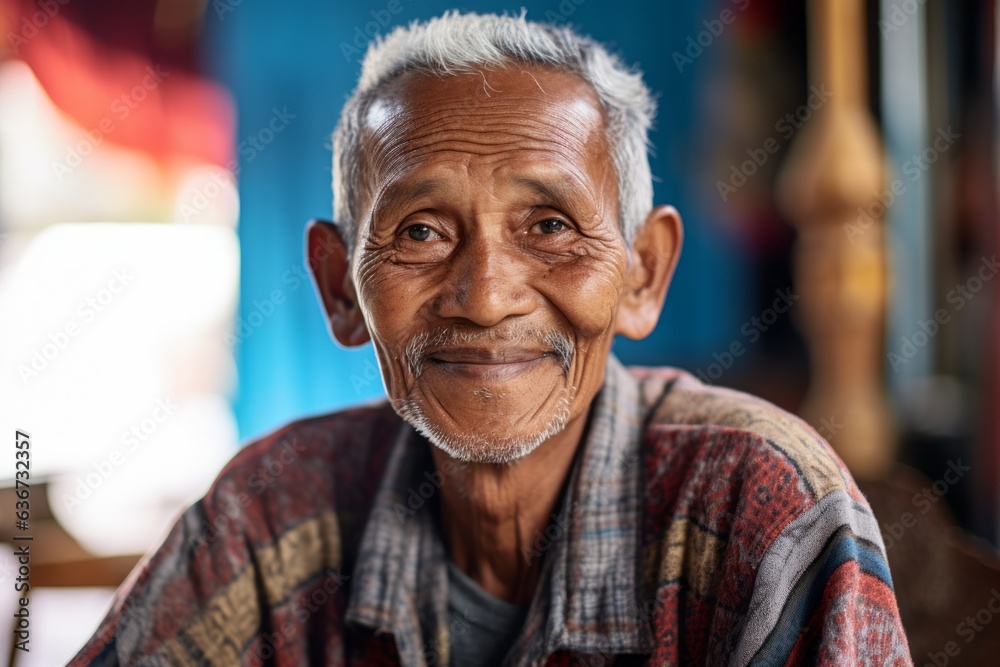Lifestyle portrait of a 100-year-old elderly Indonesian man in an ...