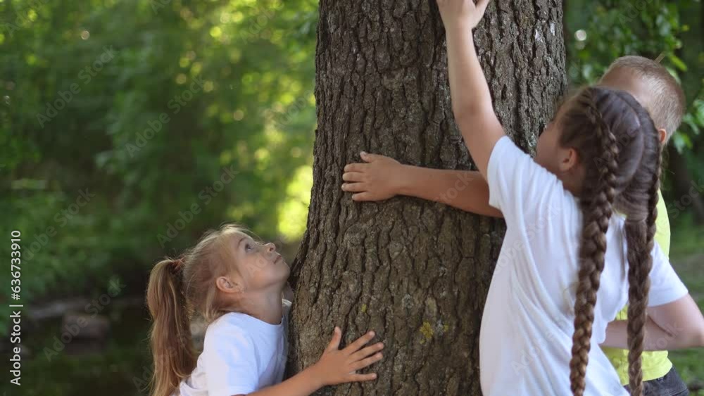 Stockvideon children hugging a tree in the forest. happy family ...