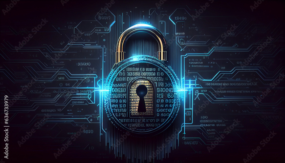 Abstract Cybersecurity, binary code, big data technology background with a padlock Ai generated ...