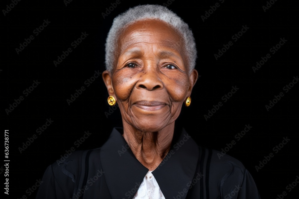 Medium shot portrait of a Nigerian woman in her 90s in a white ...