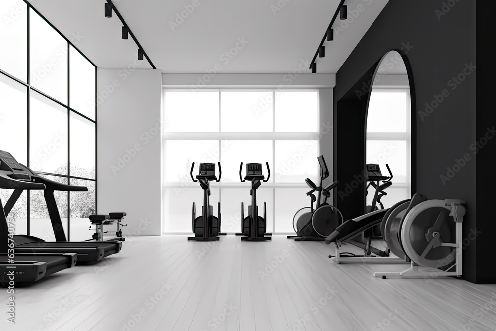 Small gym design with treadmills and exercise bikes.AI generated Stock ...