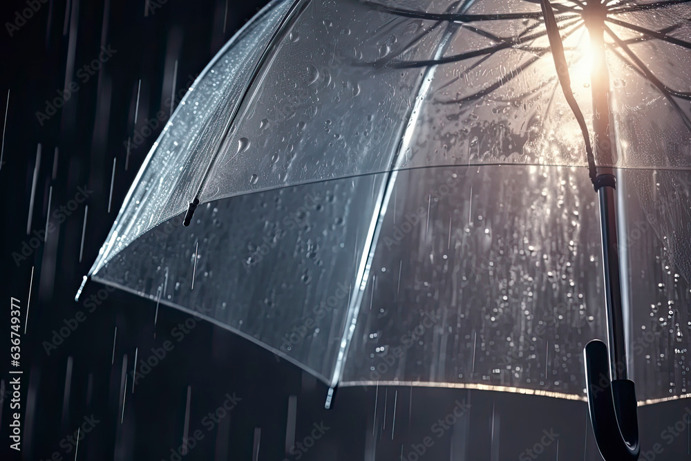 Transparent umbrella under heavy rain against water drops splash ...