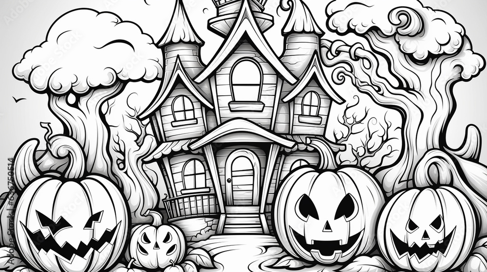 Coloring pages for kids with haunted house ghost and pumpkins, cartoon ...