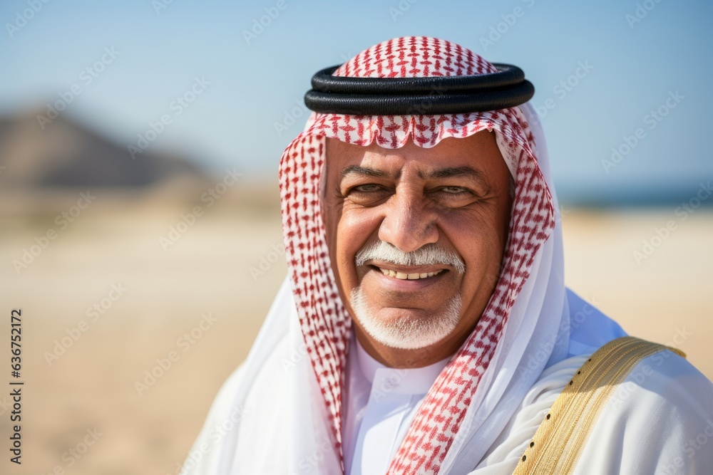 Portrait of a Saudi Arabian man in his 60s in a beach background ...