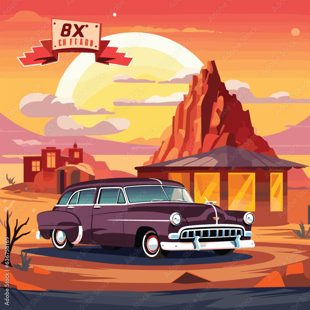 Route 66: Retro Car Parked Under a Fiery Sky - 4-Bit Style Stock Vector ...