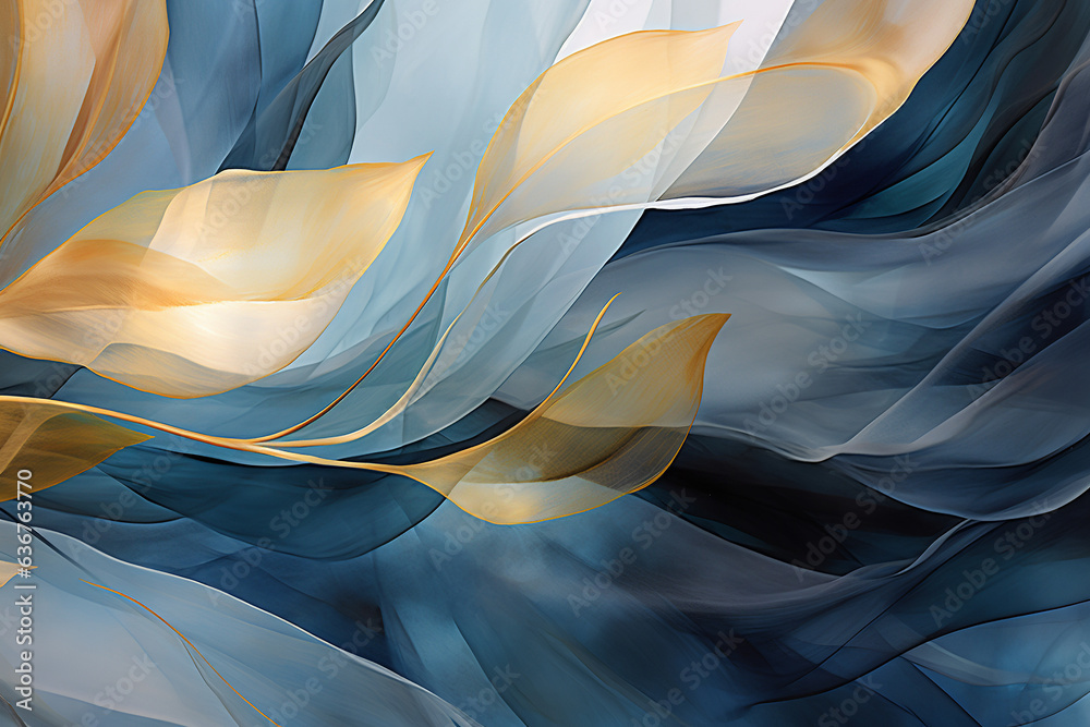 an abstract flower blue leaf painting poster, in the style of layered ...