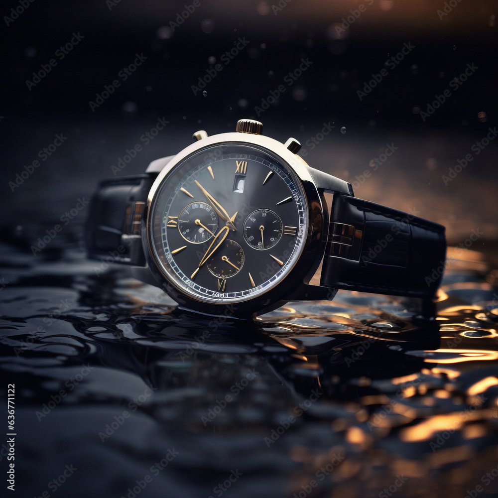 A beautiful men's luxury watch with a black dial and a black leather ...