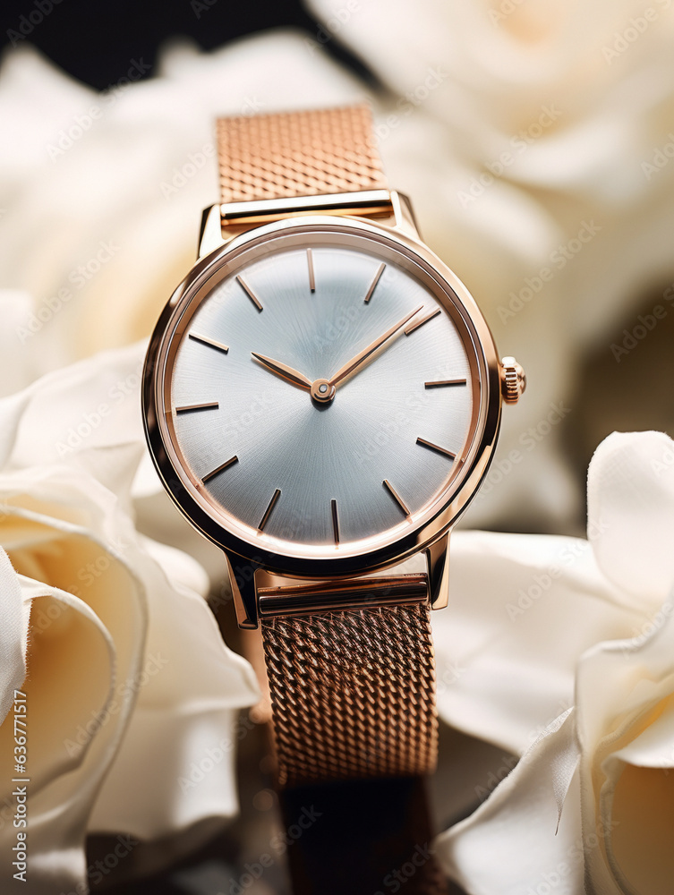 Beautiful gold luxury women's watch on a beautiful background with ...