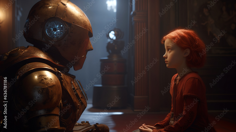 An elegant medieval girl with red hair sitting in front of a rusty ...