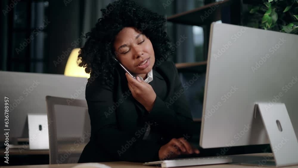 Nervous stressed young businesswoman typing quickly on computer hurry ...