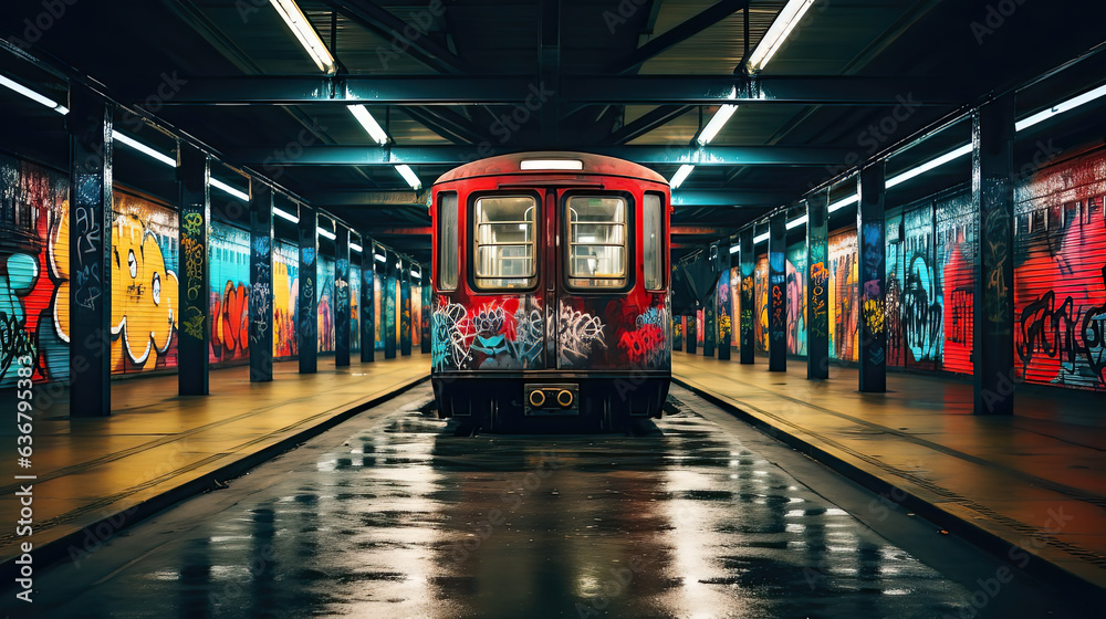 Dark lit underground subway station of 70s-80s in New York with ...