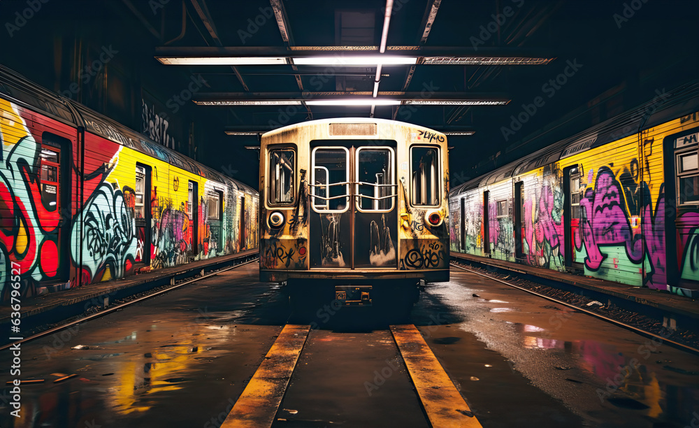 Dark lit underground subway station of 70s-80s in New York with ...