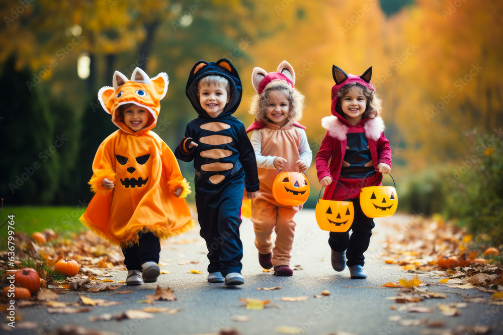 Kids trick or treat in Halloween costume. Happy Halloween. running kids ...