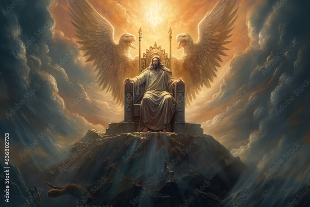 Jesus Christ sits on a throne in kingdom heaven with golden light, clouds and angels Stock ...