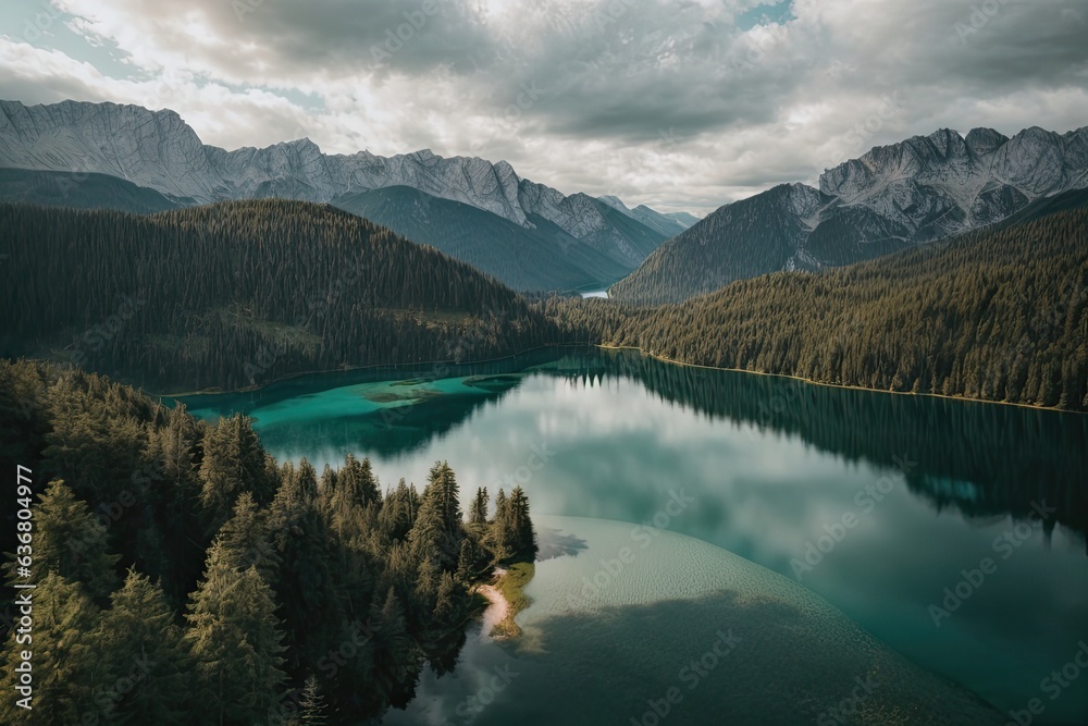 Aerial photo of lake Eibsee with forest in Germany, lake and mountains ...