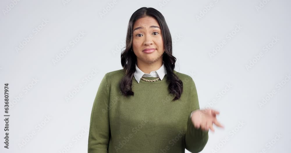 Face, confused and Asian woman with question, shrugging or emoji on ...